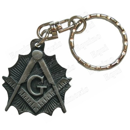 Porte-clefs maçonnique – Equerre et compas flamboyant – Argent patiné